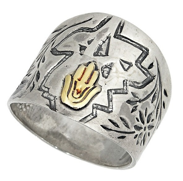 Gold Hamsa Ring on Sterling Silver Tubular Organic Shape - Etsy