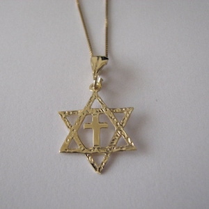 Solid 14K Gold Messianic Star of David With Cross Pendant Necklace - Etsy