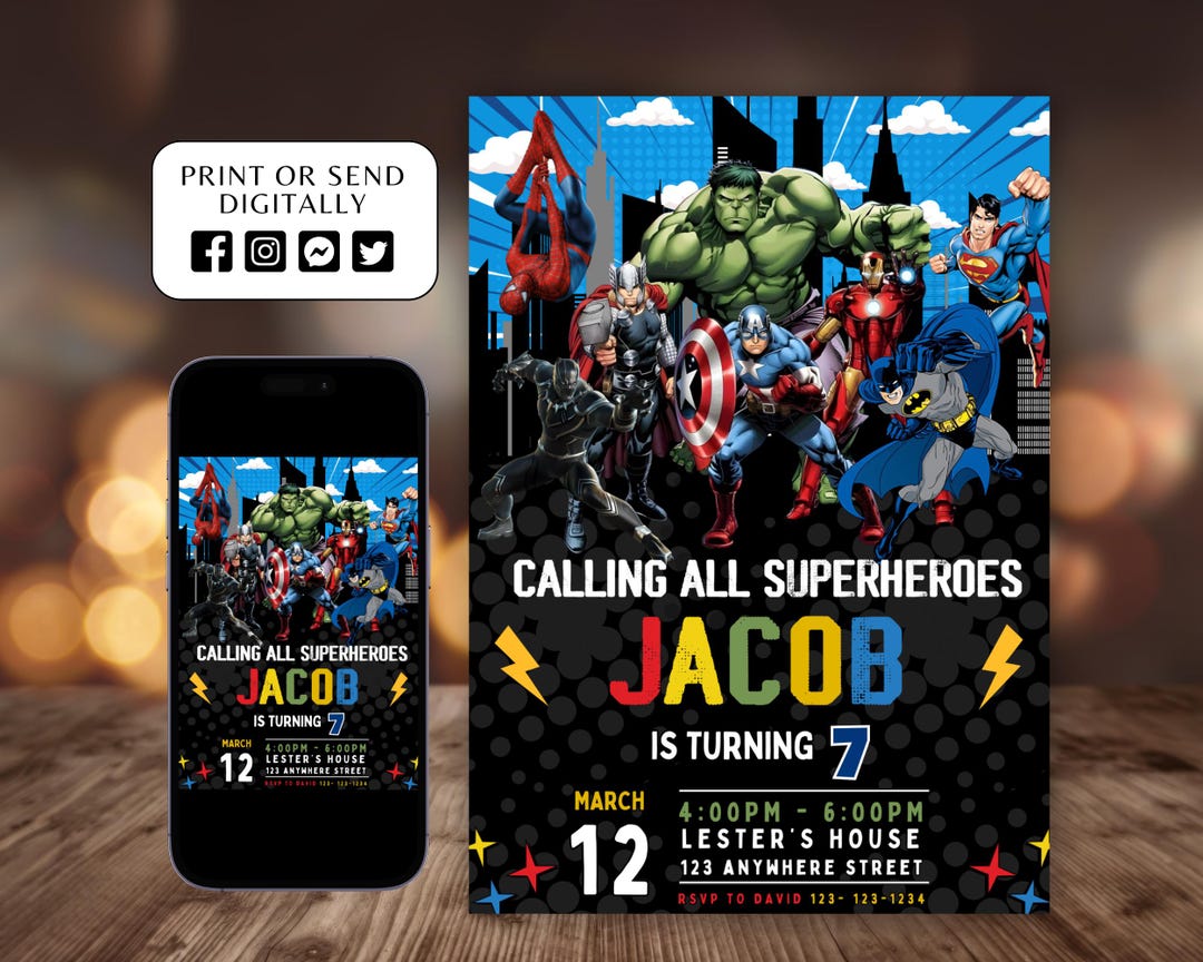 Superhero Birthday Invitation, Boy Avengers Party Invite Decoration ...