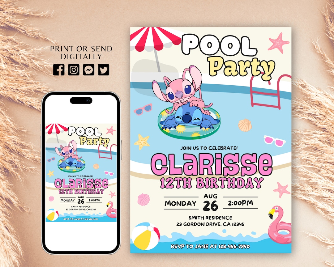 Stitch Pool Party Birthday Invitation, Printable Girl Stich and Angel ...