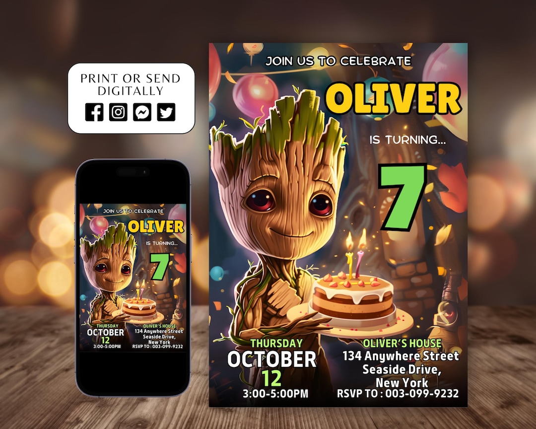 Groot Birthday Invitation Template, Editable Groot Birthday Invitation ...