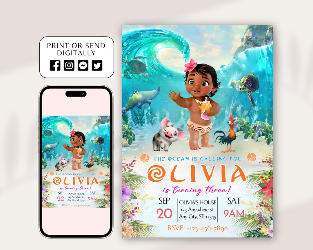 Baby Moana Birthday Invitation, Editable Digital Hawaiian Moana ...