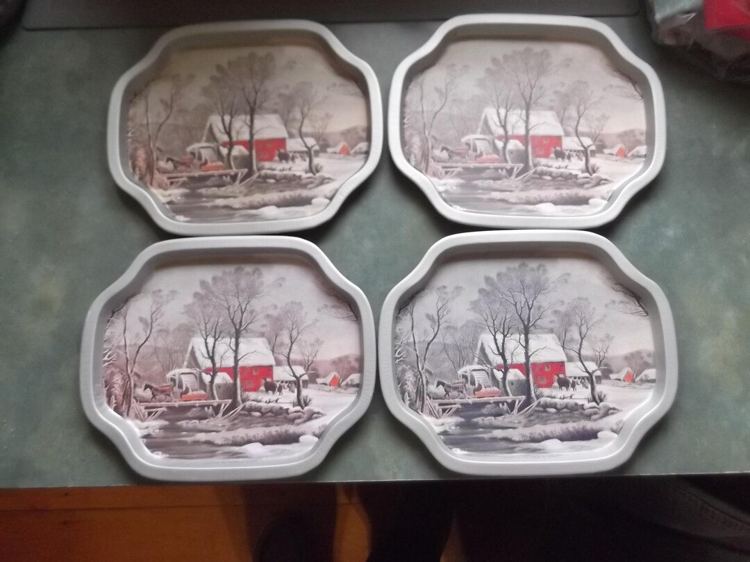 Set of 4 Small Currier and Ives Metal Trays--display--wall Decor--use ...