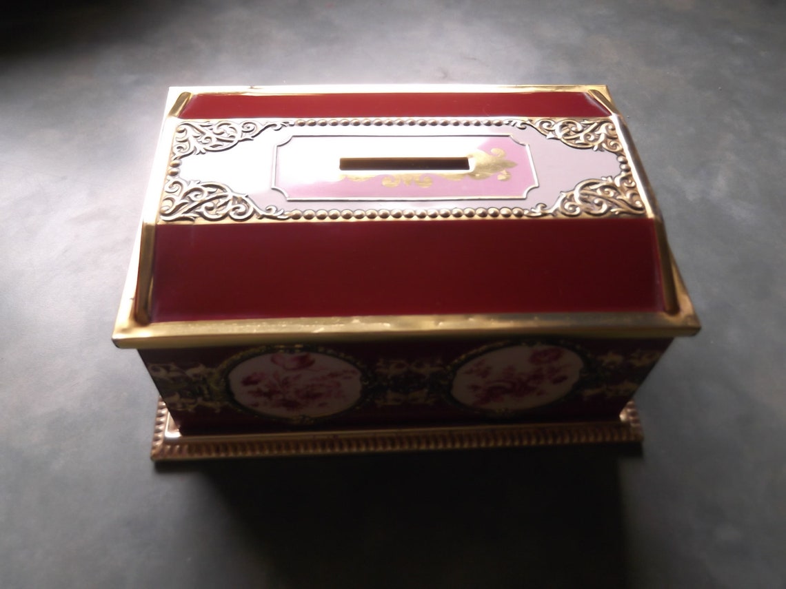 Vintage Metal Linette Candy Bank-cranberry Red Roses and Flowers-flip ...