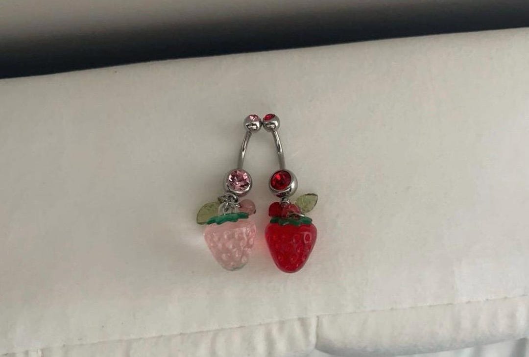 Pink and Red Strawberry Belly Ring Piercings// Stainless Steel Dangly ...