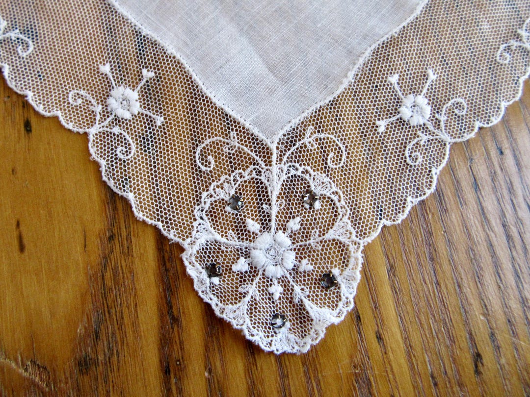 Vintage Handkerchief, French Lace, Rhinestones, White Wedding ...