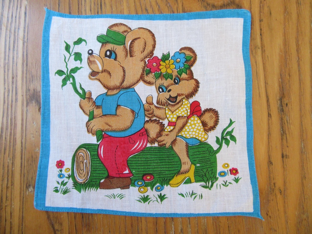 Vintage 1950s Children's Handkerchief, Bear Handkerchief, Collectible ...