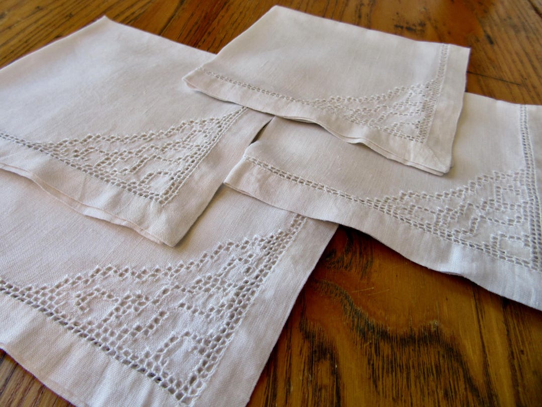 Antique Linen Napkins, Ivory, Punch Work, Drawn Work, Set of 4, Vintage ...