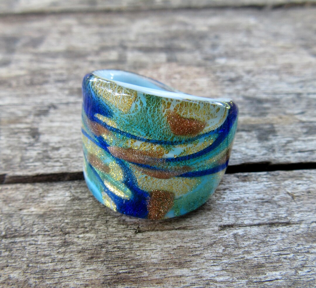 Murano Glass Ring, Aqua, Sapphire, Gold, Gold Tone Band, Murano Ring ...
