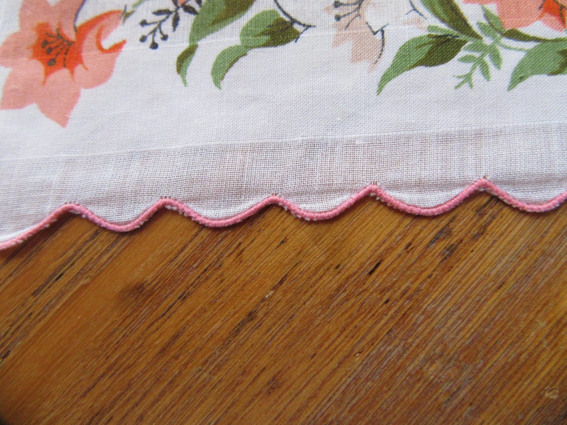 Vintage Handkerchief, Orange & White Lilies, Cotton, Scalloped Edge ...
