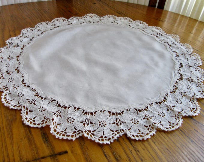 Linen Doily With Crochet Trim, White, 21", Huge White Doily, Vintage ...
