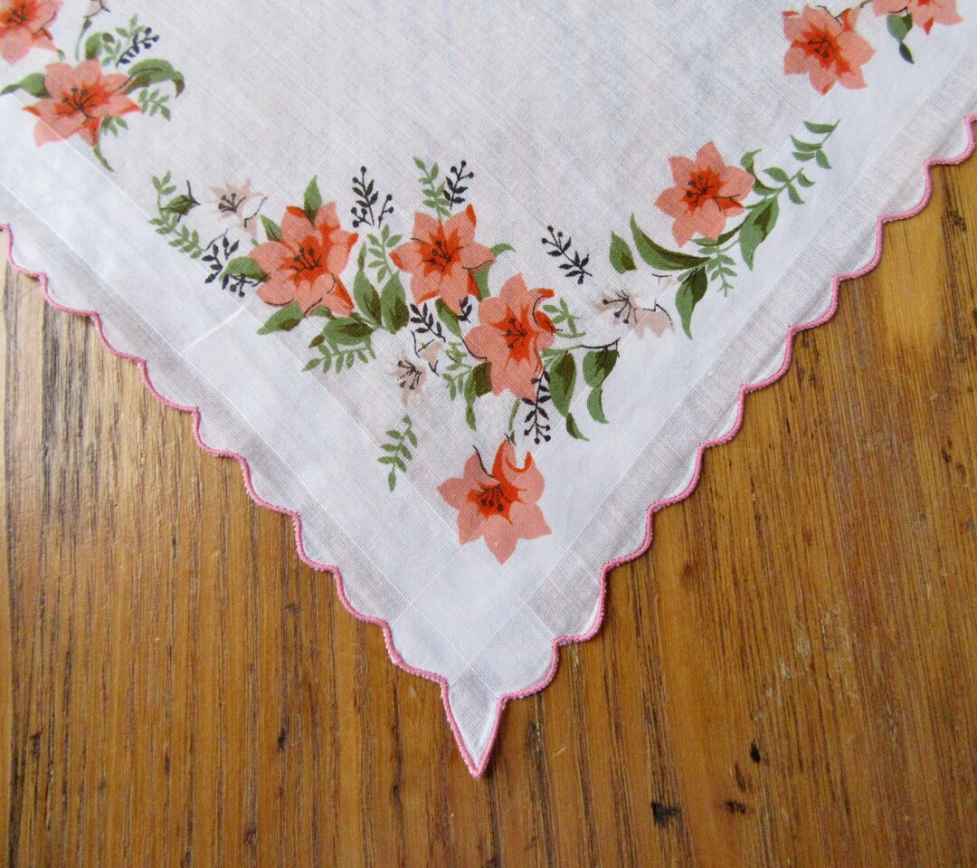 Vintage Handkerchief, Orange & White Lilies, Cotton, Scalloped Edge ...