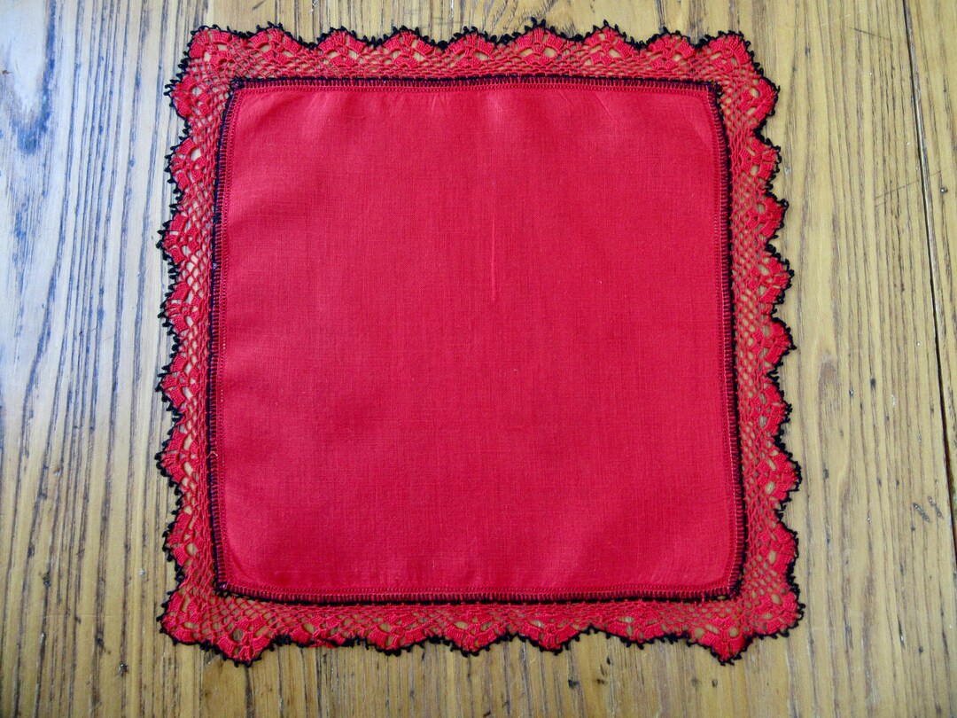 Vintage Handkerchief, Scarlet Red & Black, Linen, Crochet Edge, Red and ...
