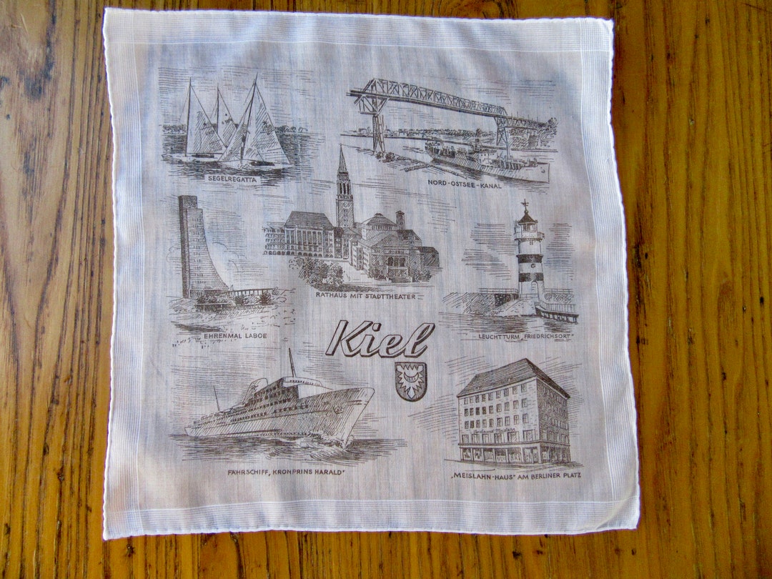Vintage Kiel Germany Souvenir Handkerchief, Landmarks, Germany ...