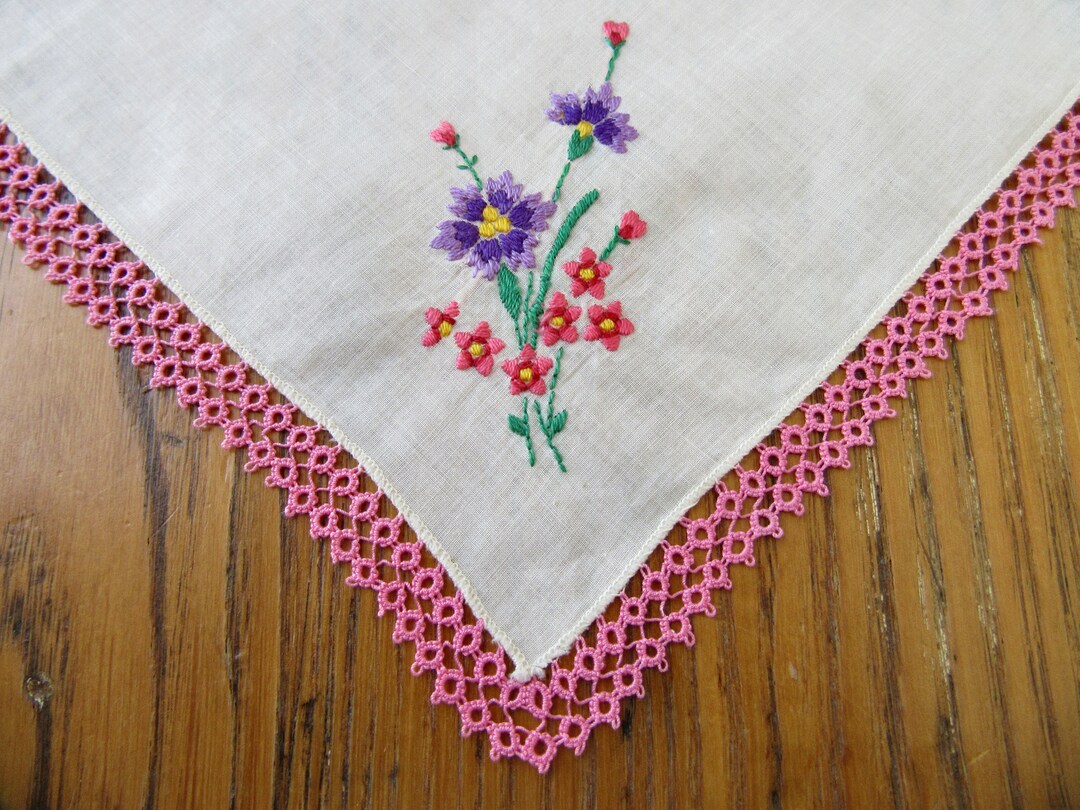 Vintage Handkerchief, Pink Tatting, Purple & Pink Embroidered Flowers ...