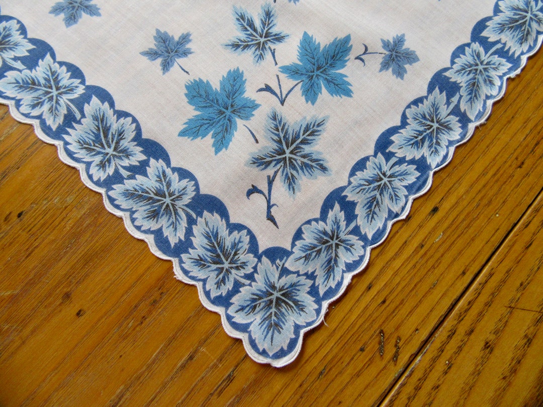 Vintage Handkerchief, Maple Leaves, Shades of Blue, Blue Handkerchief ...