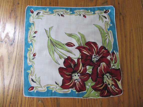 Vintage Handkerchief, Firebolt Lilies, Oriental Lily … - Gem