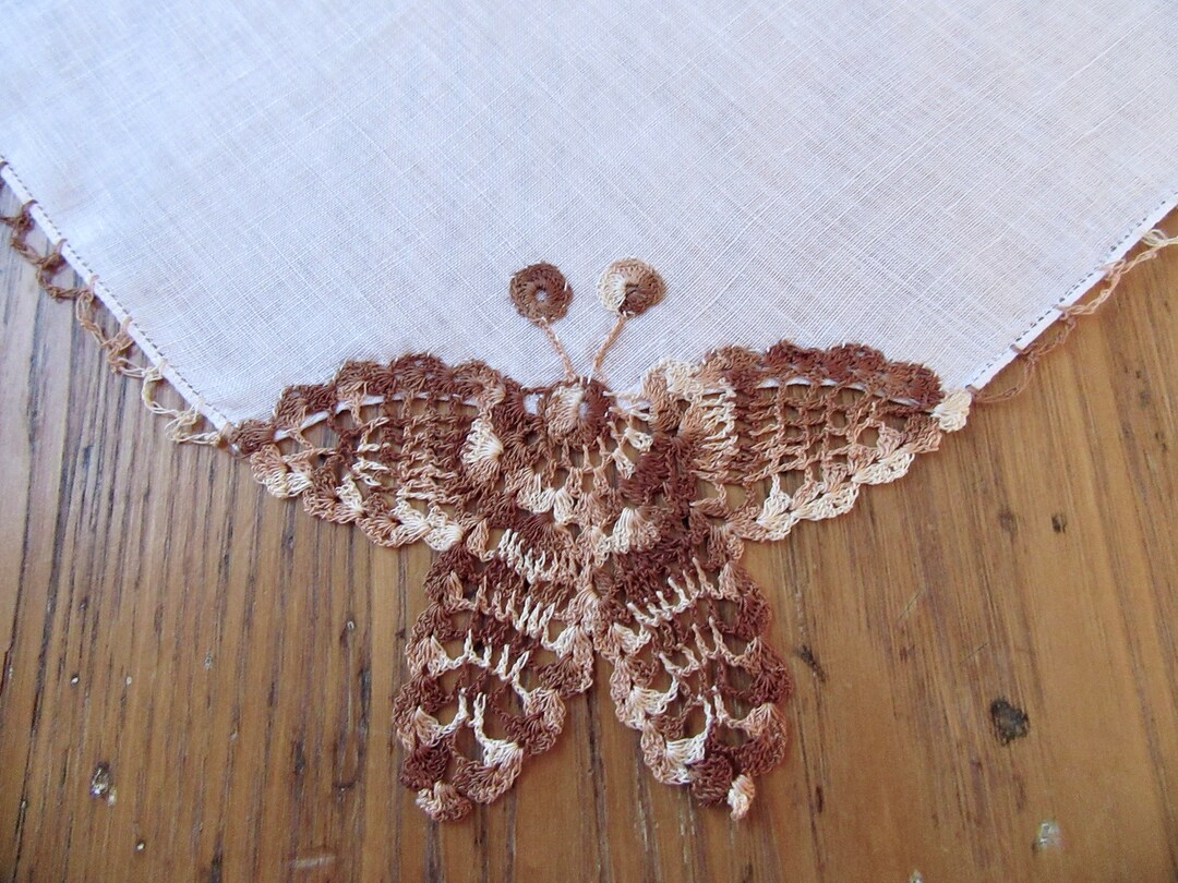 Vintage Butterfly Handkerchief, Brown Butterfly, Crochet Edge, Brown ...