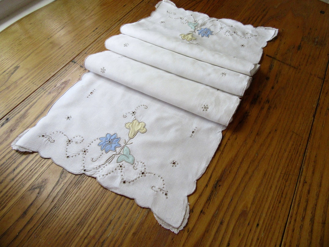 Vintage Italian Linen Table Runner, Beige, Punto Antico, Blue, Yellow ...