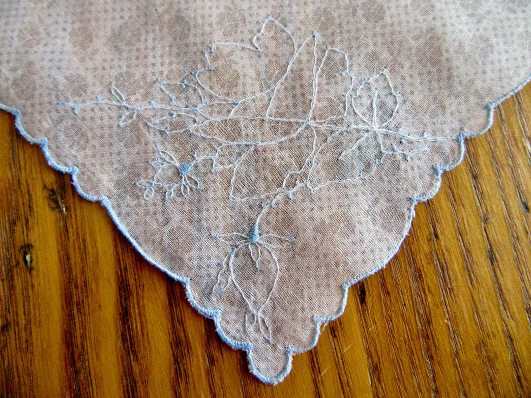 Vintage Handkerchief, Light Blue Embroidered Flowers, Linen, Blue ...
