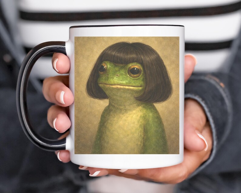 Frog With Bob Haircut Meme Coffee Mug, Funny Frog Art, Quirky Animal ...