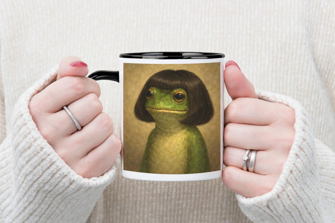 Frog With Bob Haircut Meme Coffee Mug, Funny Frog Art, Quirky Animal ...