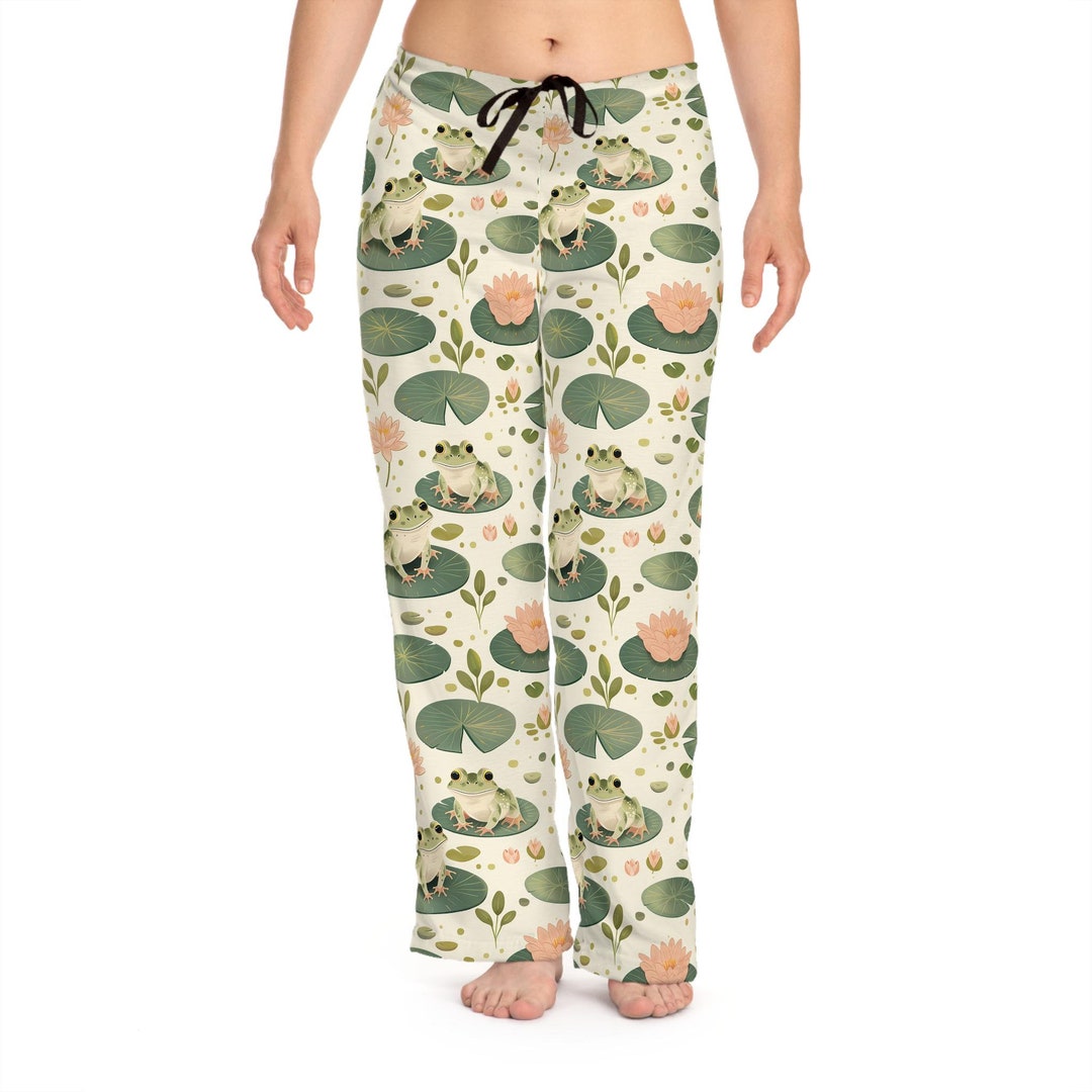 Frogs on A Lily Pad Women's Pajama Pants Green Pink Beige Frog Leaves ...