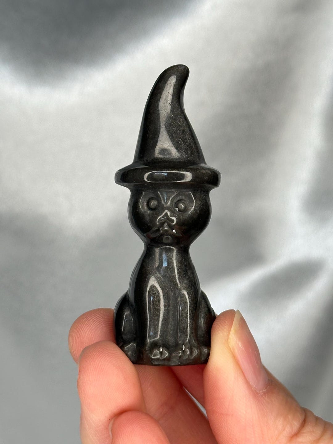 Mini Silver Sheen Obsidian Cat With Witch Hat | Shimmering Black ...