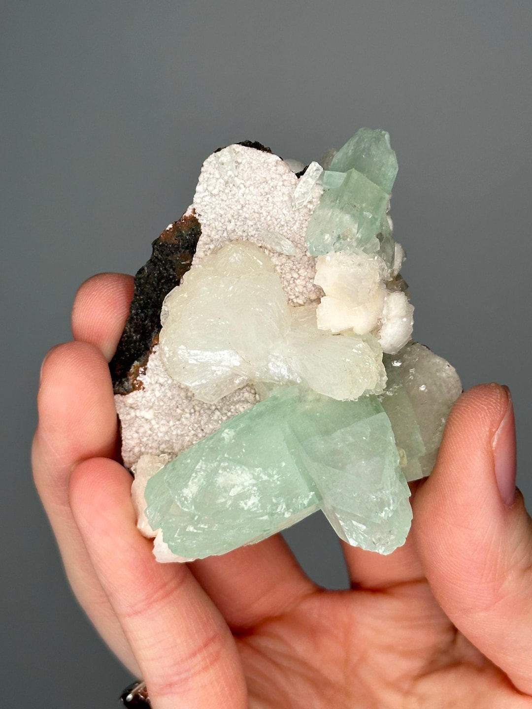Green Apophyllite With White Stilbite on Pink Heulandite | Natural ...