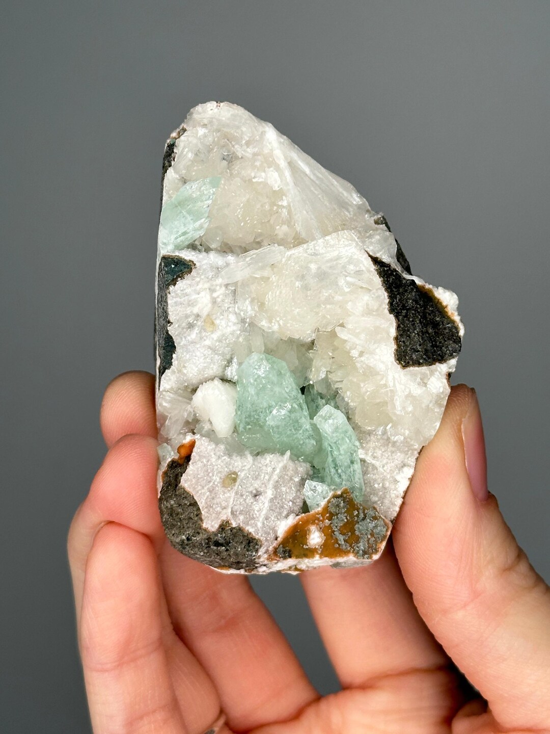 Green Apophyllite With White Stilbite on Pink Heulandite | Natural ...