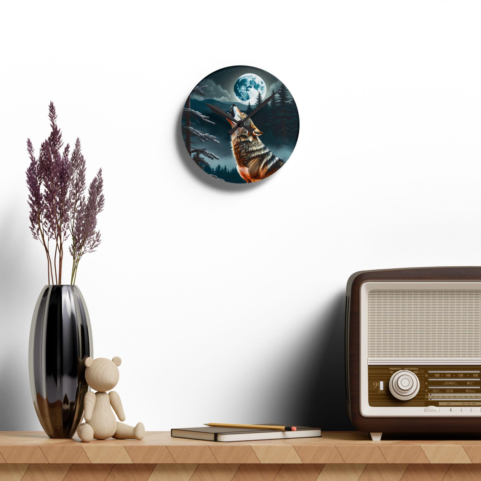 Howling Wolf Wall Clock ,acrylic Nature-themed Art Clock ,full Moon ...