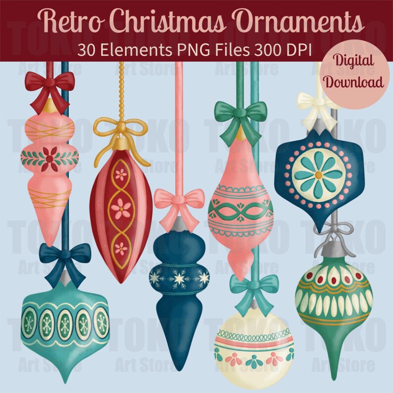 Retro Christmas Ornaments Clipart, Mid Century Style (digital Download ...