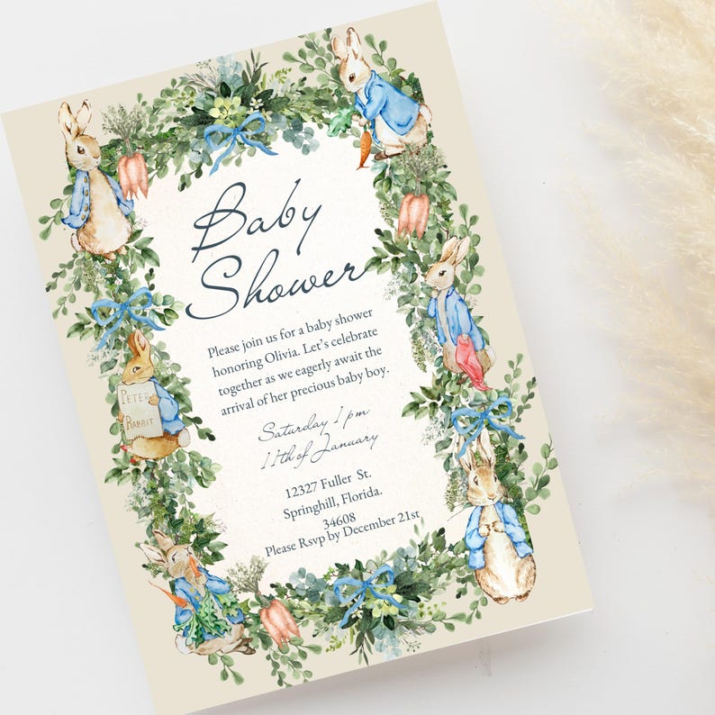 Peter Rabbit Baby Shower Invitation, Digital Printable Invite, Editable ...