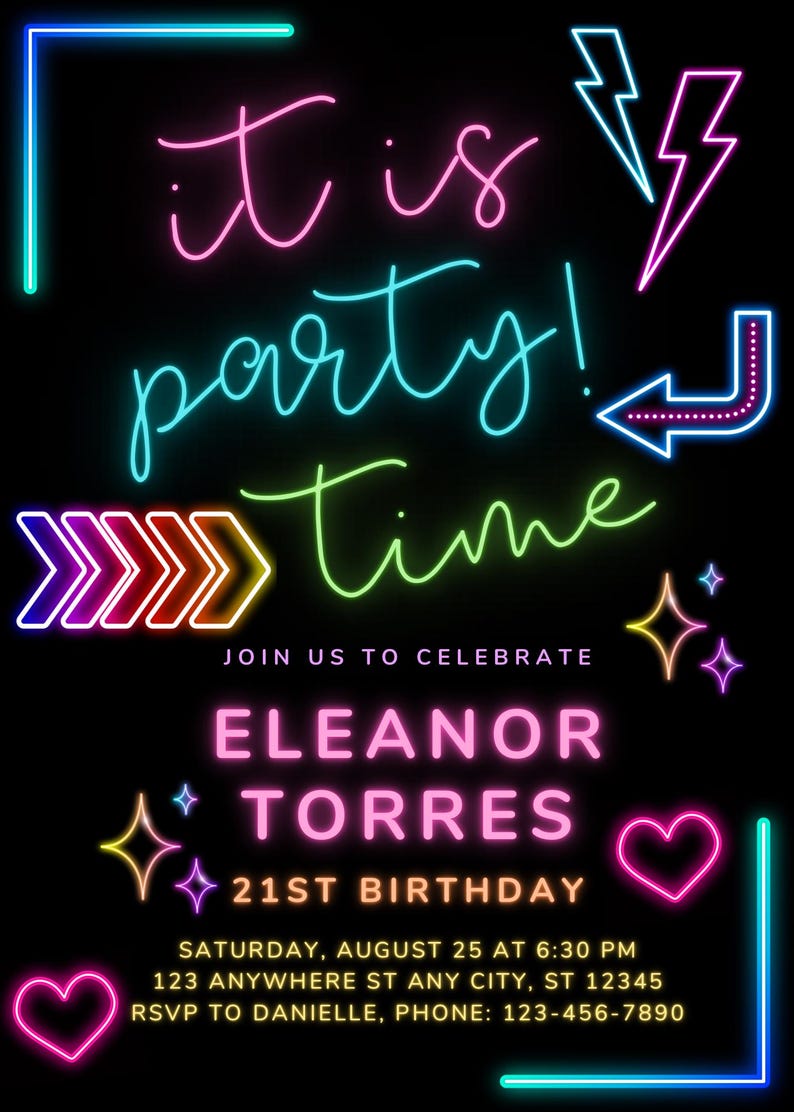 Neon Birthday Invitation, Glow Birthday Party Invite, Digital Download ...