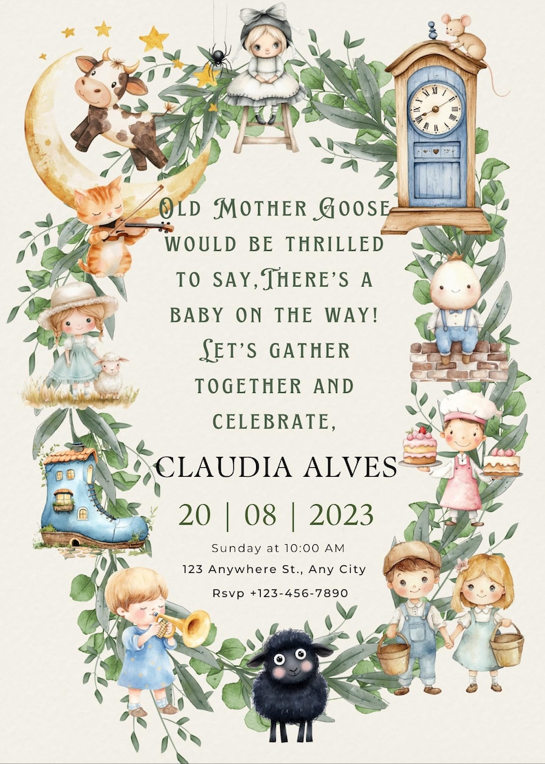 Nursery Rhyme Baby Shower Invitation, Mother Goose Theme (digital ...
