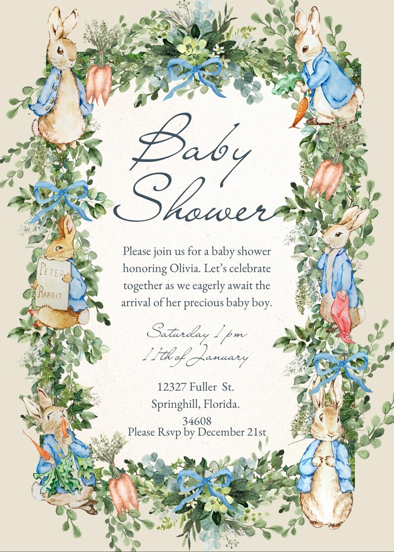 Peter Rabbit Baby Shower Invitation, Digital Printable Invite, Editable ...