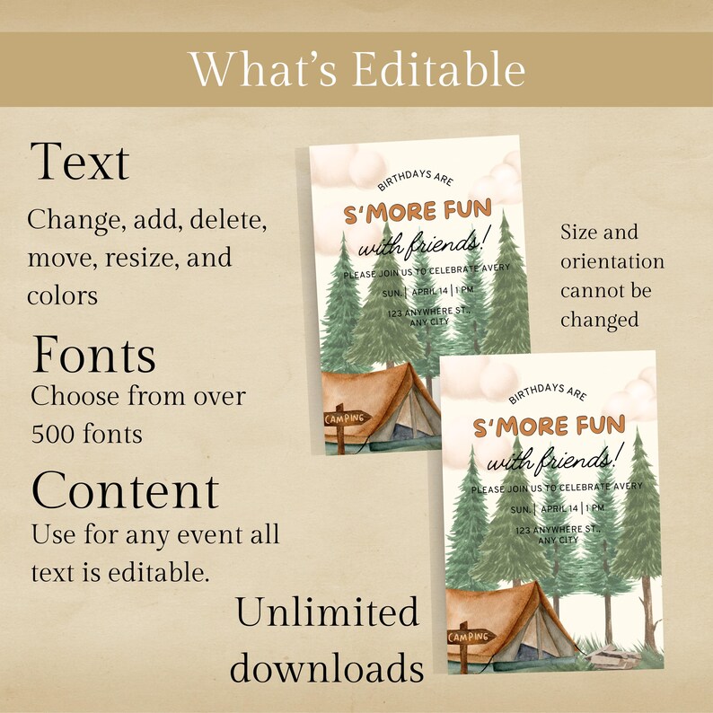 Camping Birthday Party Invitation Editable Campfire Party Invite for a ...
