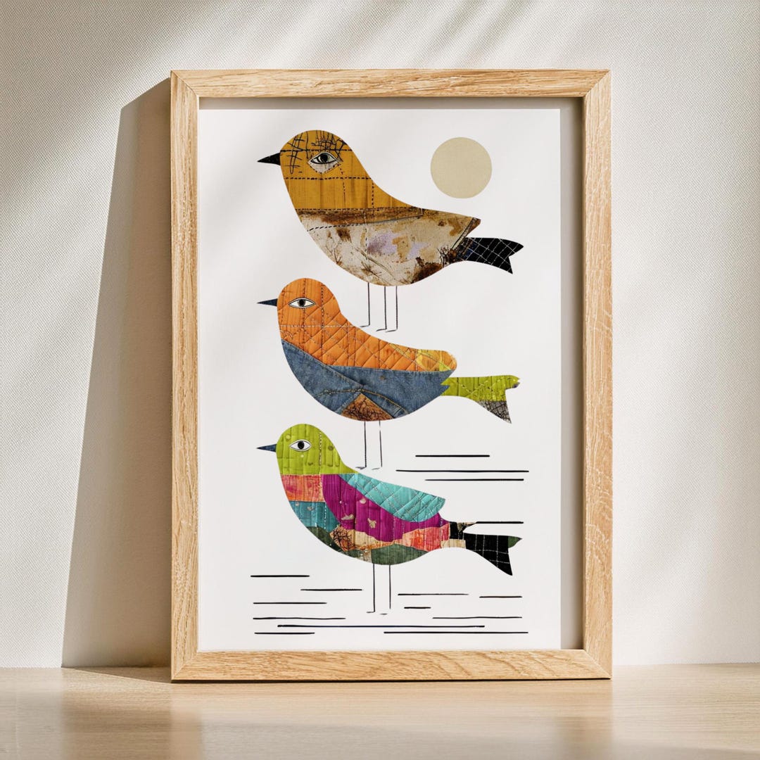 Whimsical Stacked Birds Quilted Art Print With Moon Accent - Etsy