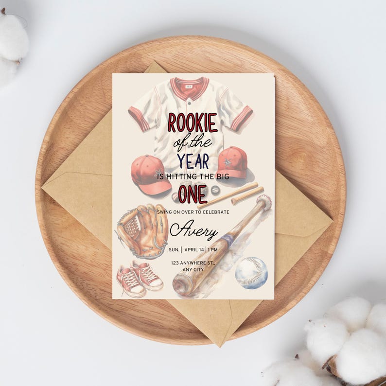 Rookie of the Year First Birthday Party Invitation - Baseball Themed ...