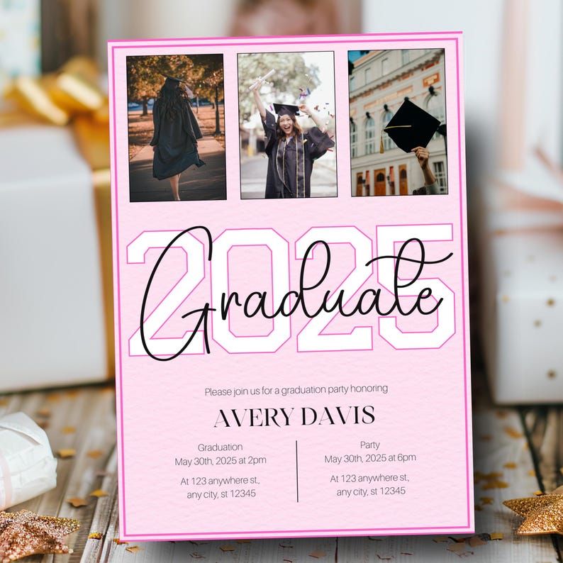 Pink Graduation Invitation - Editable Canva Grad Party Invite - Modern ...