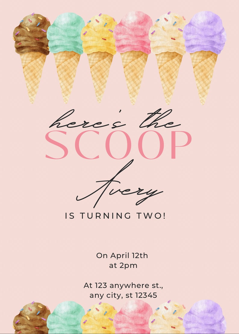 Heres the Scoop Ice Cream Birthday Invitation Printable Digital ...