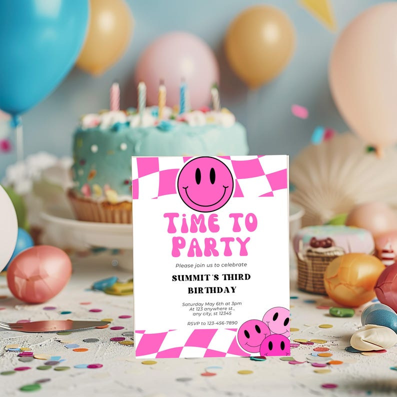 Smiley Face Time to Party Birthday Invitation Girl Birthday Invite Pink ...