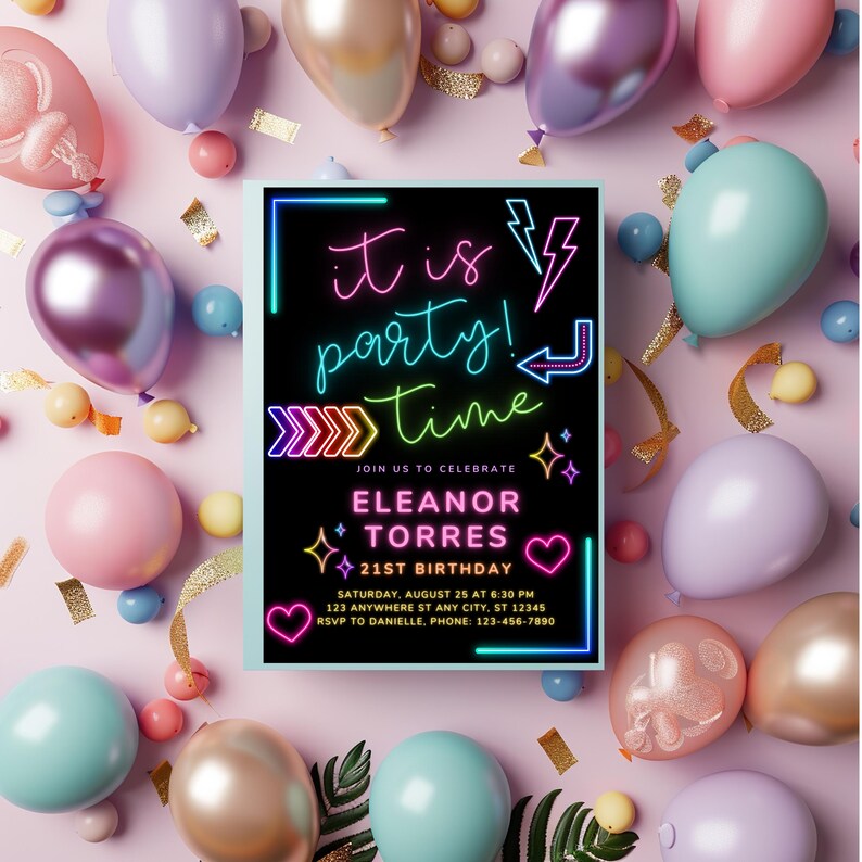 Neon Birthday Invitation, Glow Birthday Party Invite, Digital Download ...
