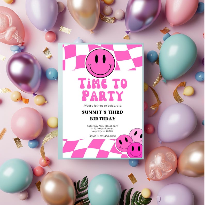 Smiley Face Time to Party Birthday Invitation Girl Birthday Invite Pink ...