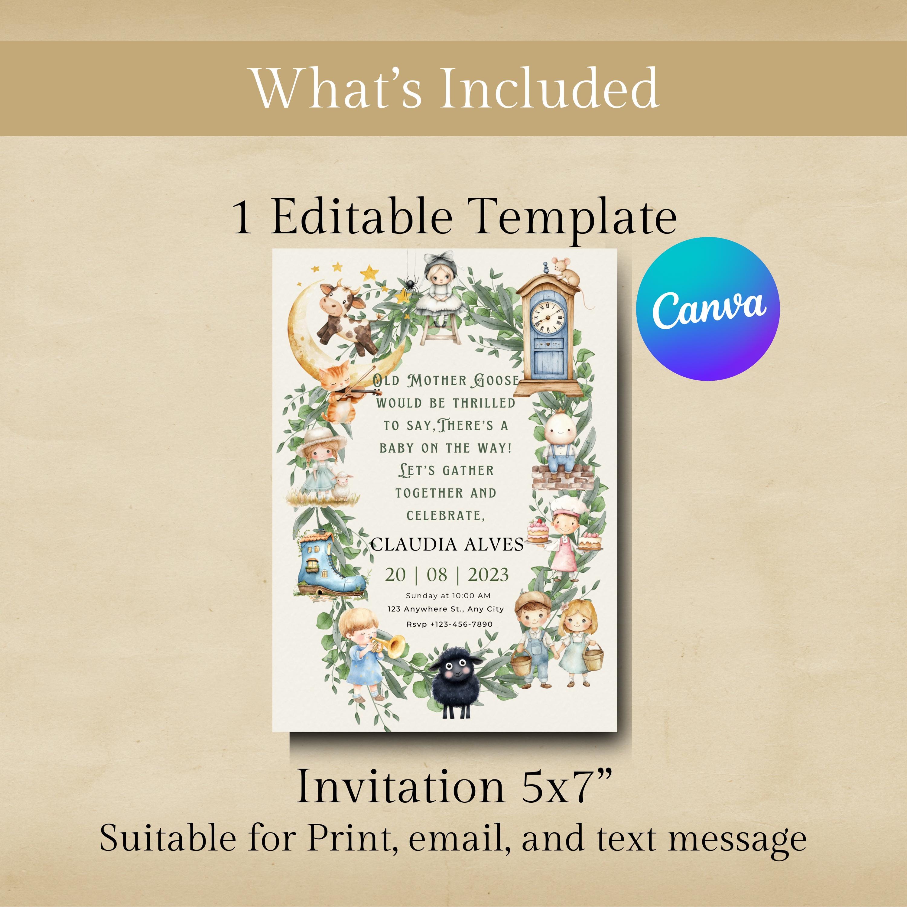 Nursery Rhyme Baby Shower Invitation, Mother Goose Theme (digital ...