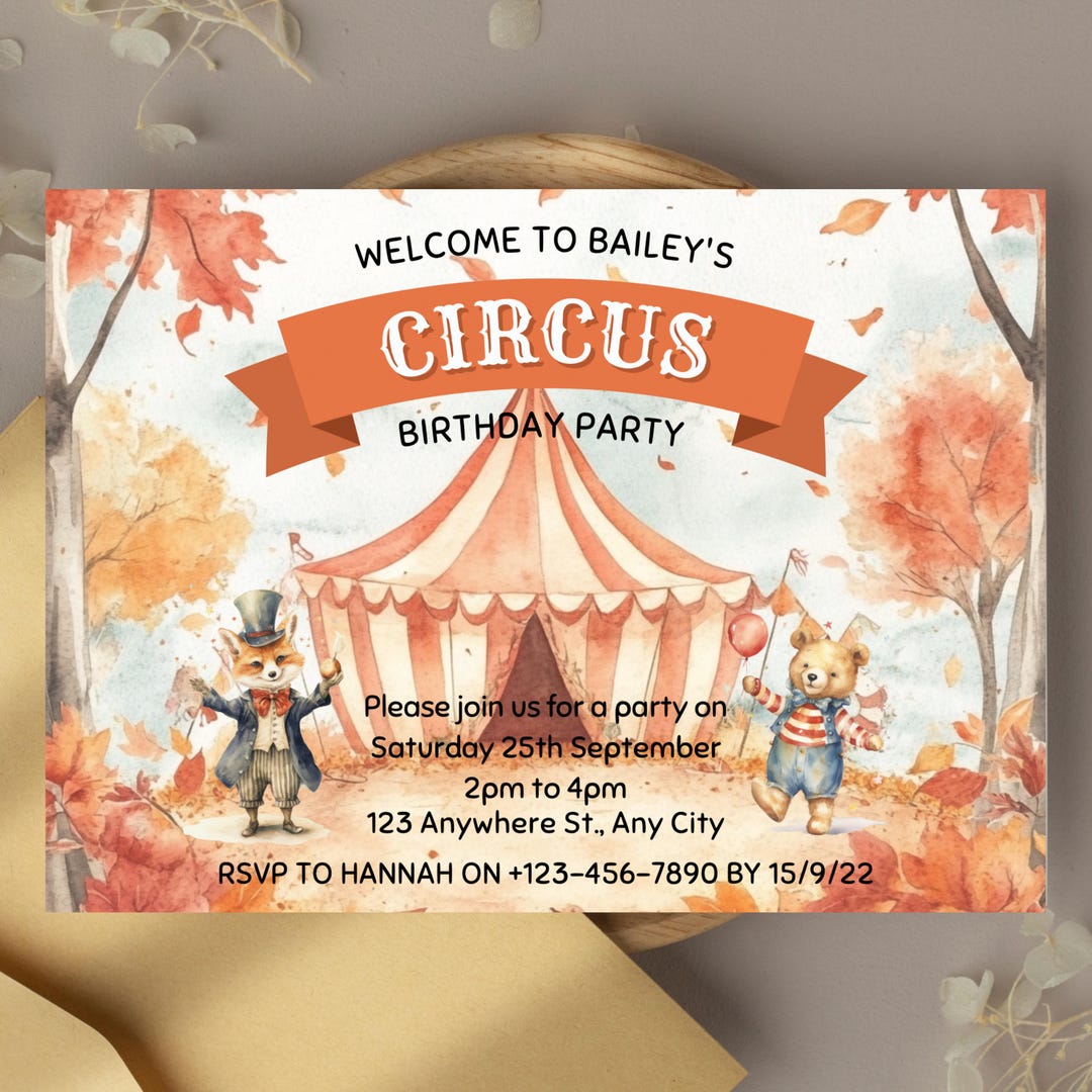 Editable Fall Circus Themed Birthday Party Invitation Carnival Birthday ...