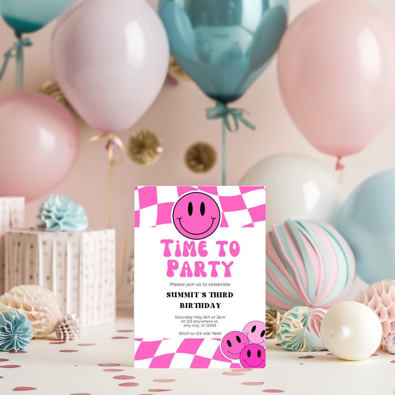 Smiley Face 3rd Birthday Invitation: Pink Checkered Party (digital ...