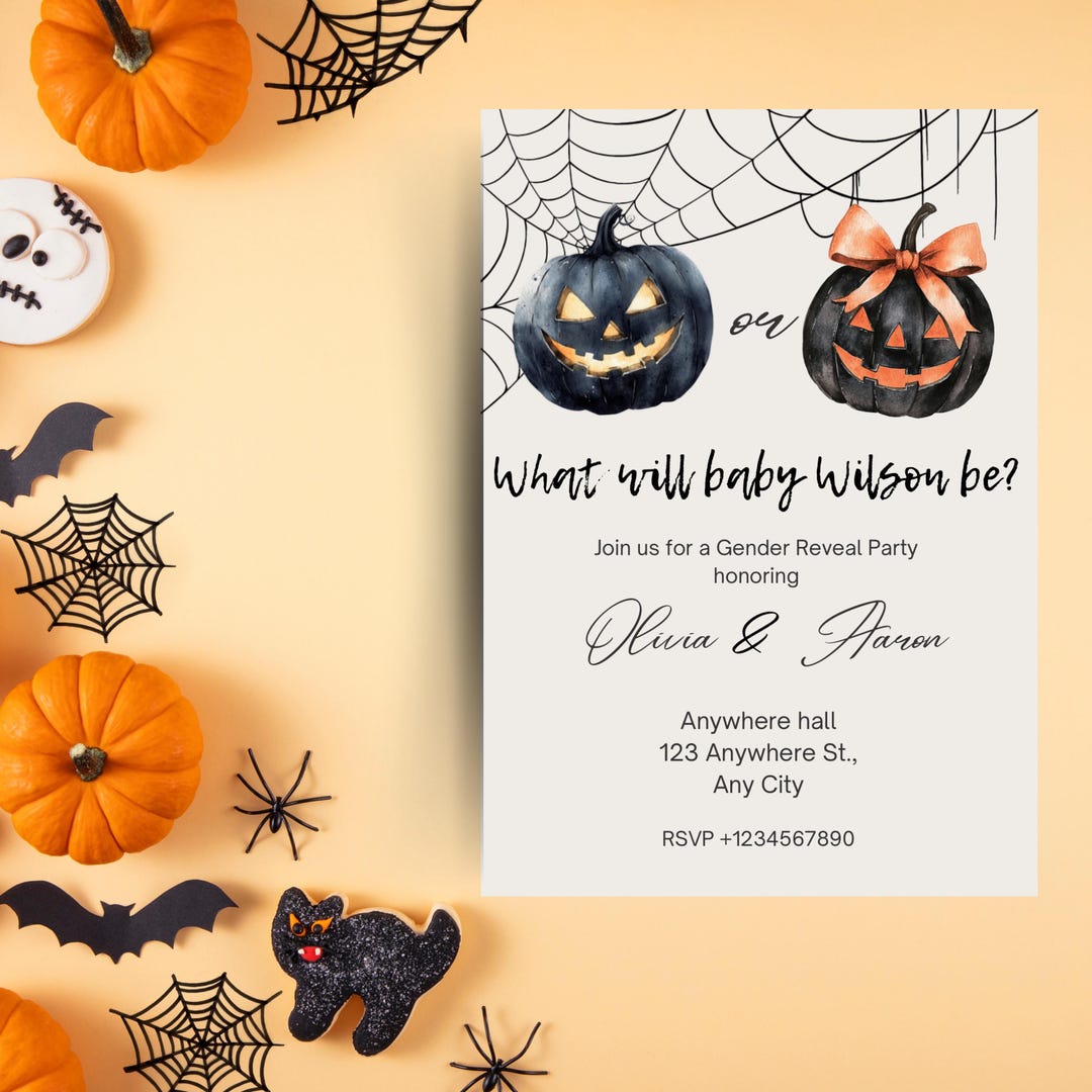 Spooky Halloween Gender Reveal Invitation | Editable Canva Template - Etsy
