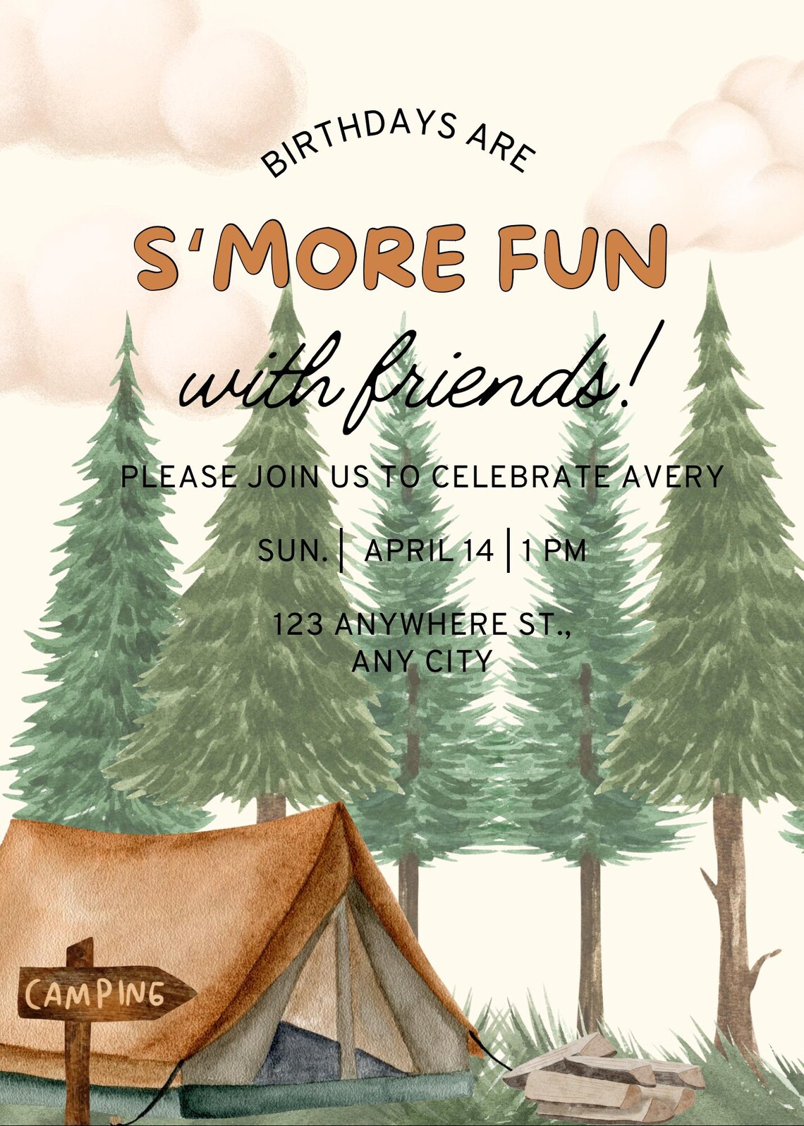Camping Birthday Party Invitation Editable Campfire Party Invite for a ...