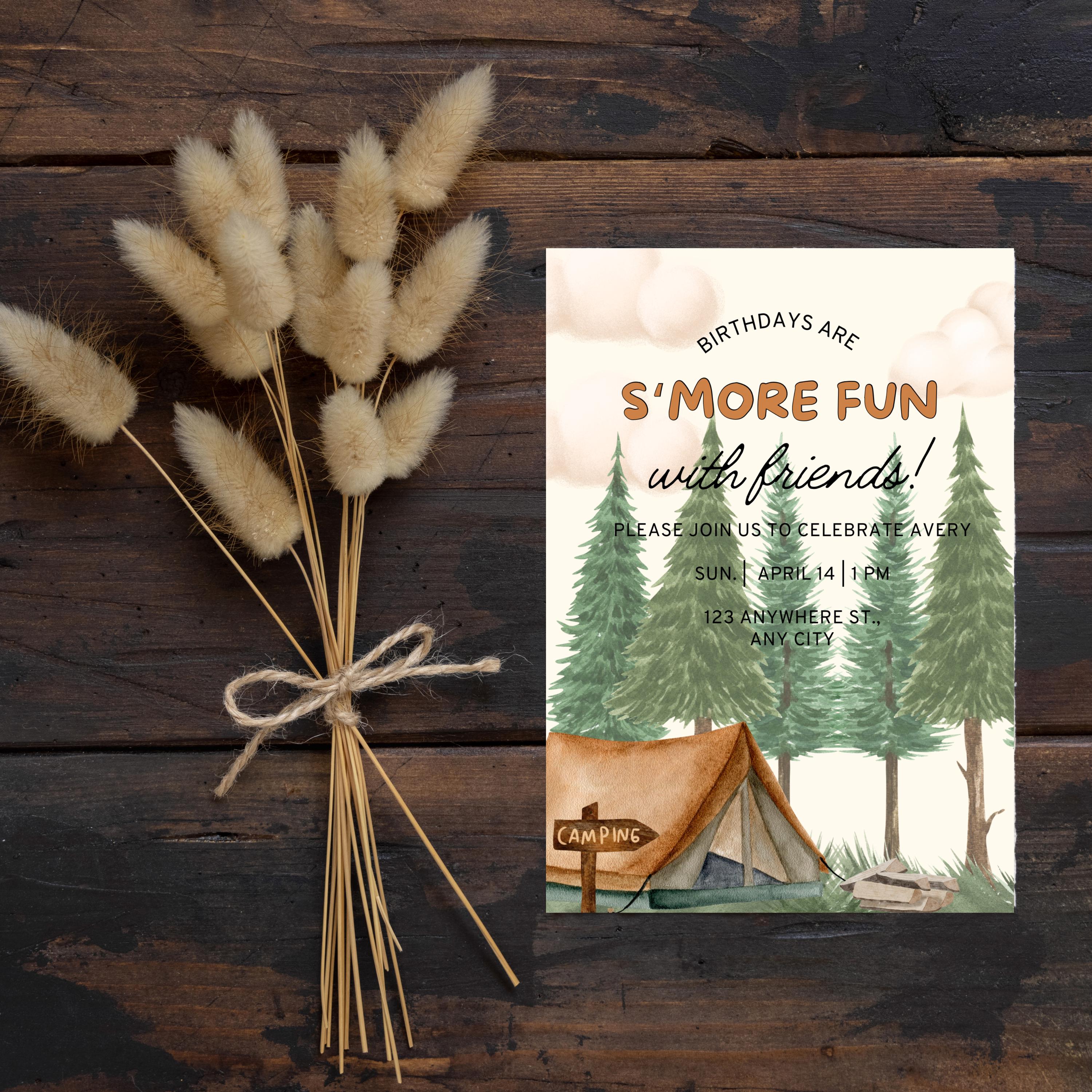 Camping Birthday Party Invitation Editable Campfire Party Invite for a ...